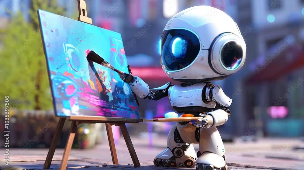 A robot paints an oil painting on canvas, transcending the boundaries ...