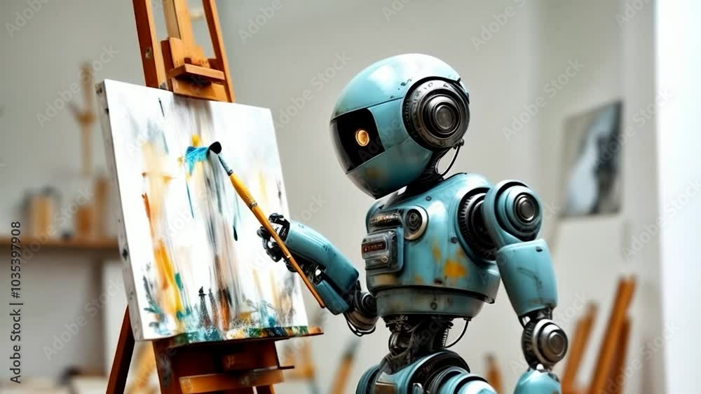 A high-tech robot artist paints an oil painting on canvas. Who ...