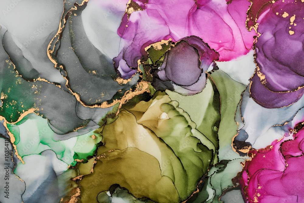 Snaking rivers of metallic gold weave through vibrant interplay of soft ...