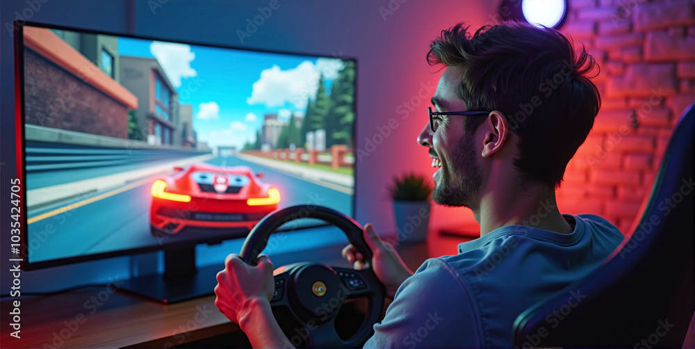 Gamer playing a car racing simulation at home with a steering wheel ...