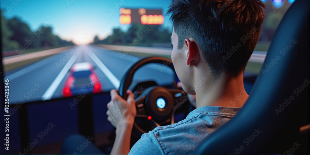 Gamer playing a car racing simulation at home with a steering wheel ...