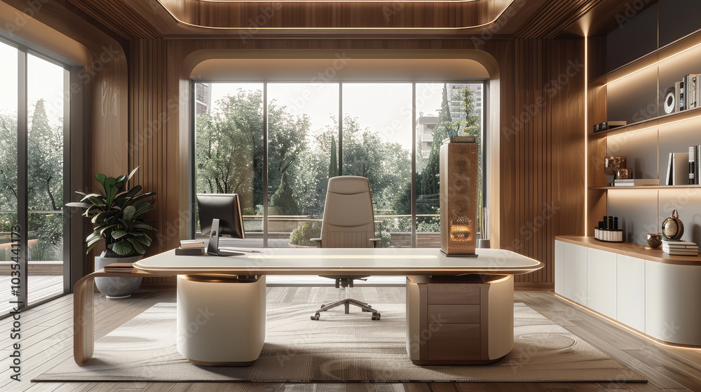 CEO office with desk, desktop, and window, modern stylish office with ...