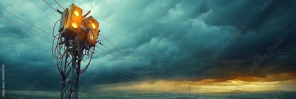 Dramatic ominous view of high voltage power lines stretching across a ...