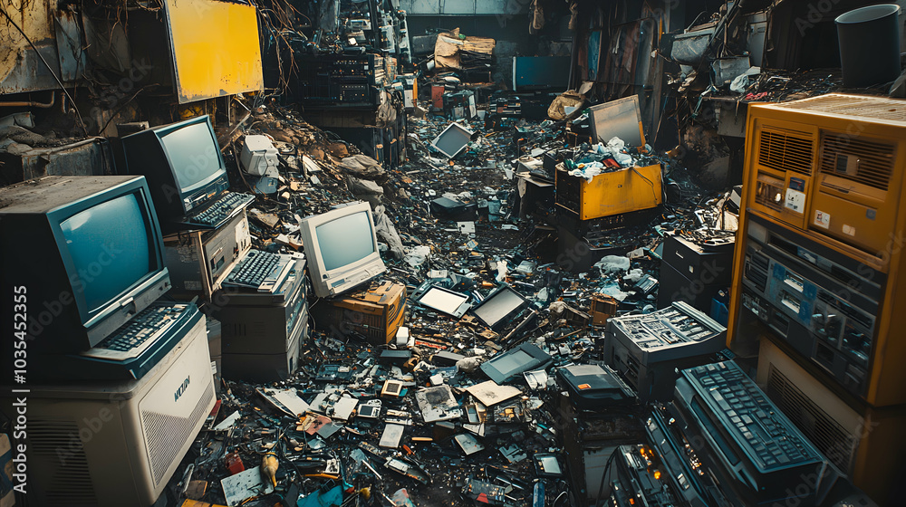 Landfill Overflowing with Electronic Waste, Featuring Broken Devices ...