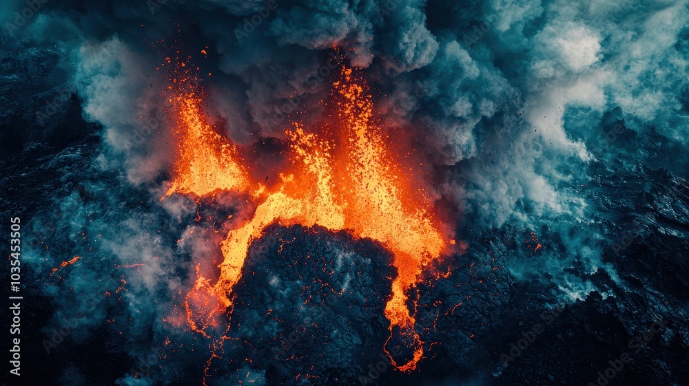 Aerial view of an erupting volcano, showing vibrant lava flow amidst ...