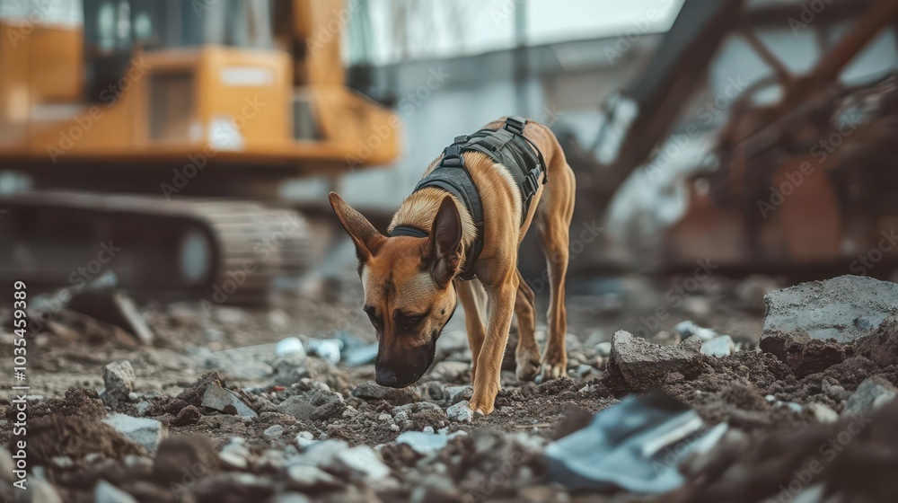 A trained rescue dog wearing a harness searches through debris at an ...
