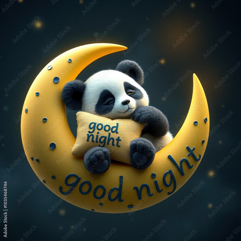 Cute Kawaii Panda Sleeping on Moon Pillow with Good Night Message in ...