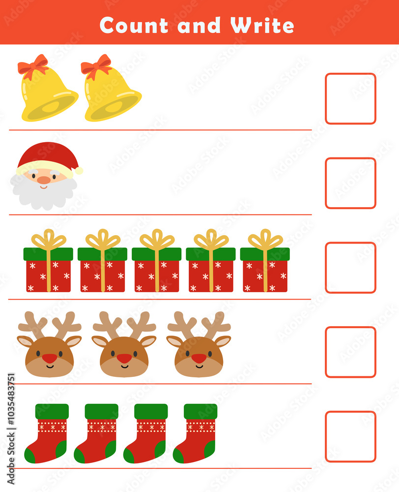 Christmas activity sheet. Count and write numbers 1-5. Counting objects ...