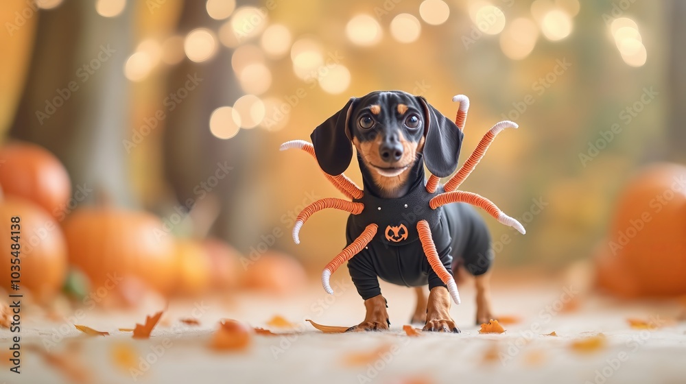 Dachshund dressed as a spider with extra legs, walking through a spooky ...