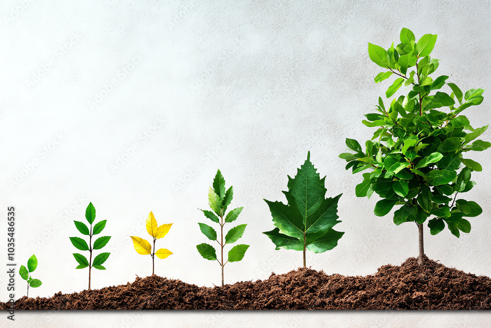 Abstract roadmap chart with tree growth stages, from seedling to mature ...