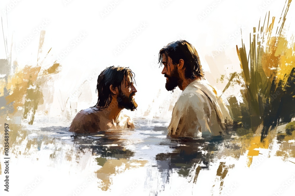 John the Baptist baptizes Jesus in the Jordan. Digital painting on ...