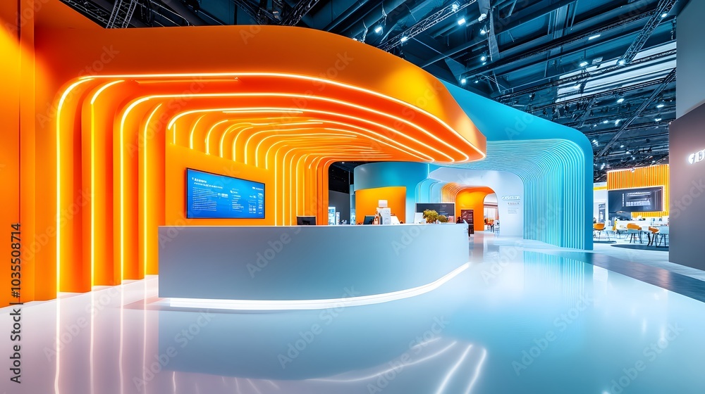 Bright modern exhibition hall with colorful curved booths in vibrant ...