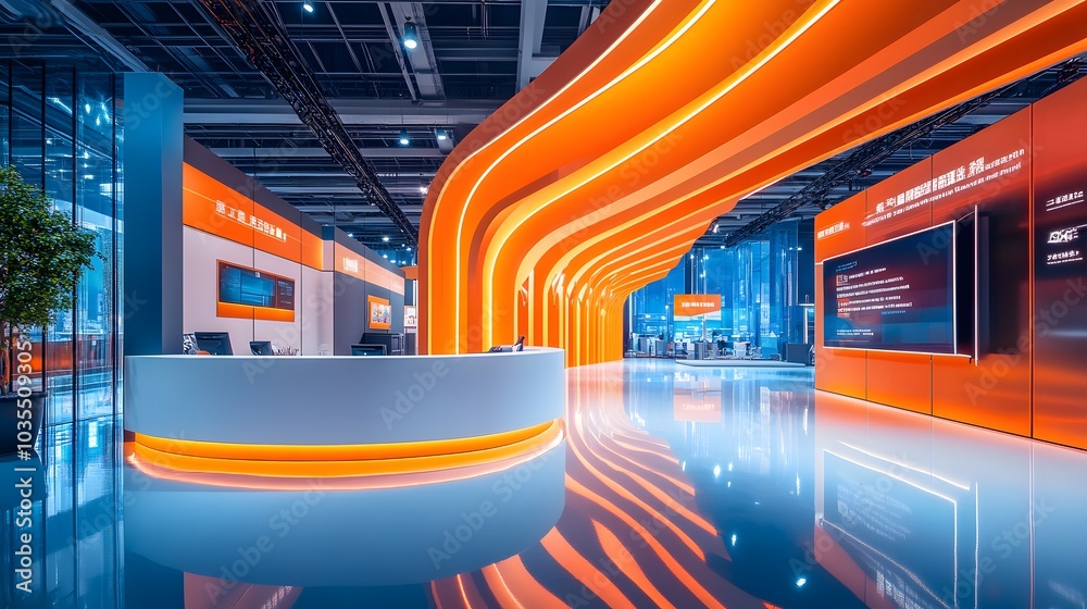 Bright modern exhibition hall with colorful curved booths in vibrant ...