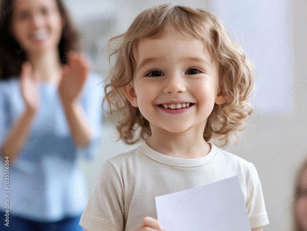 Smiling child holding paper indoors, adult clapping behind. Stock Photo ...