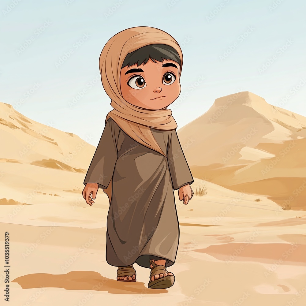 Cartoon of an Emirati boy in a kandura and ghutra, walking through a ...