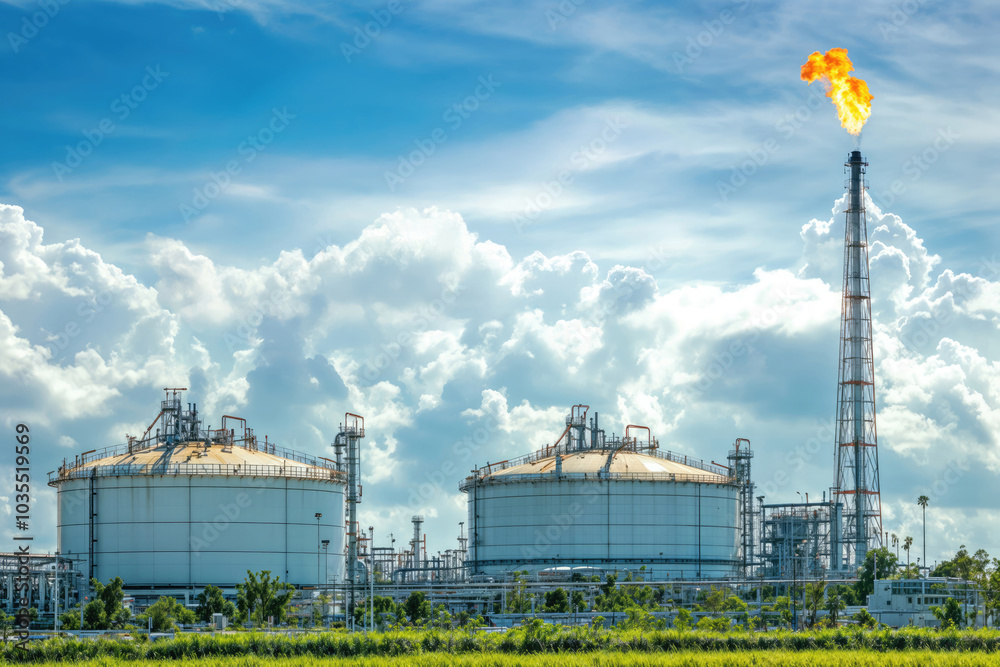 Gas storage tanks and a flare stack burning in a refinery Stock Photo ...