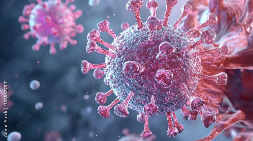 Detailed micrograph of a virus infiltrating a robust immune cell ...