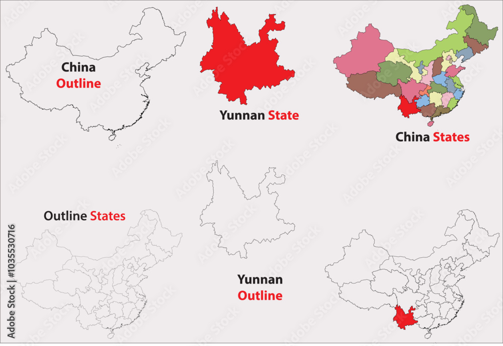 Yunnan map vector of China, Yunnan line map, Yunnan with city map ...