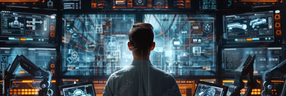 Head of the project manager monitoring and control automation robot ...