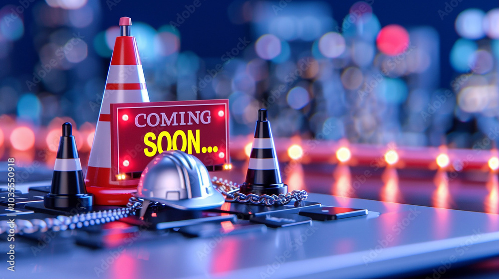 Construction cones with coming soon sign safety helmet and chain urban ...