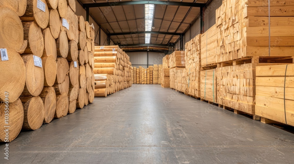 Warehouse facility, Interior view of a lumber warehouse showcasing ...