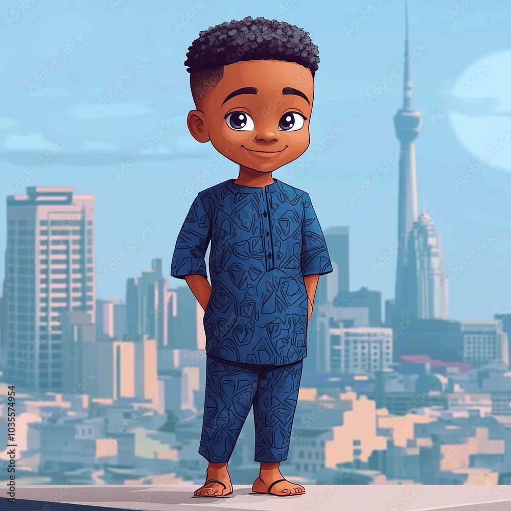 Cartoon of a boy in a Nigerian agbada, posing confidently with city ...