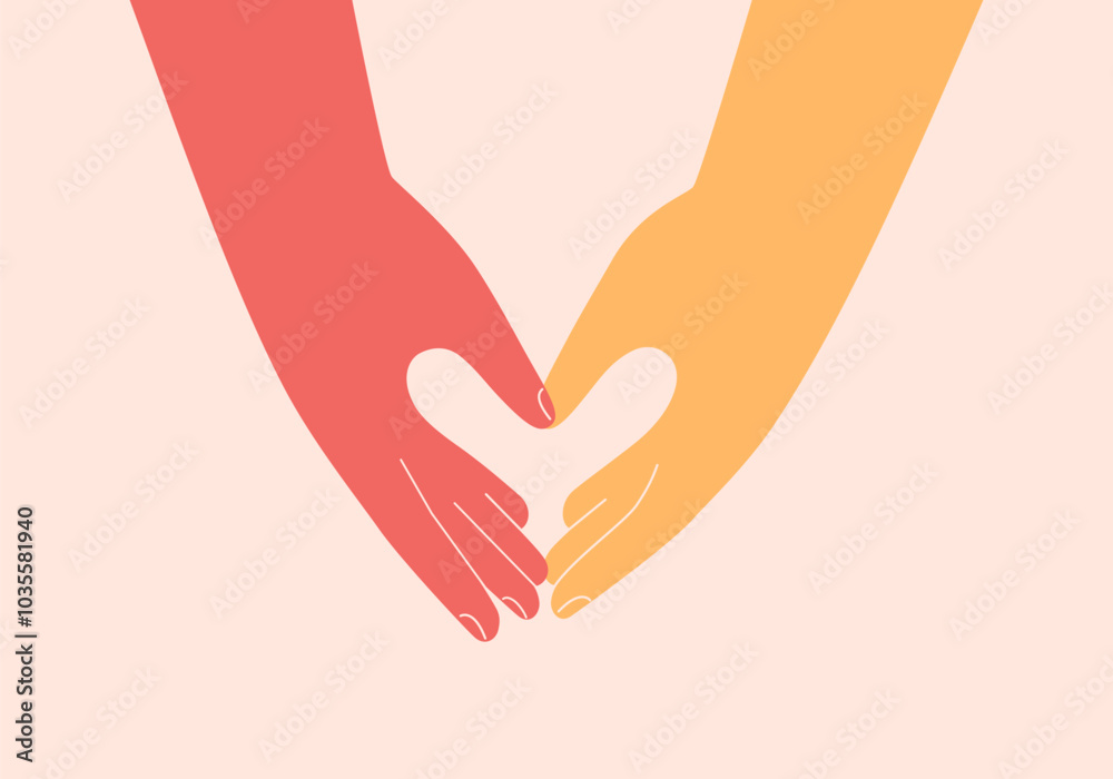 Male and female hands connect and make heart shape by fingers. Adult ...