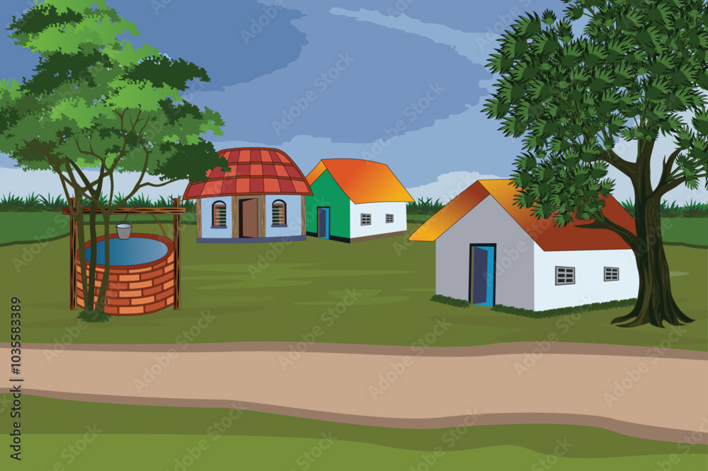 Charming Indian village scene. Cartoon vector illustration of roadside ...