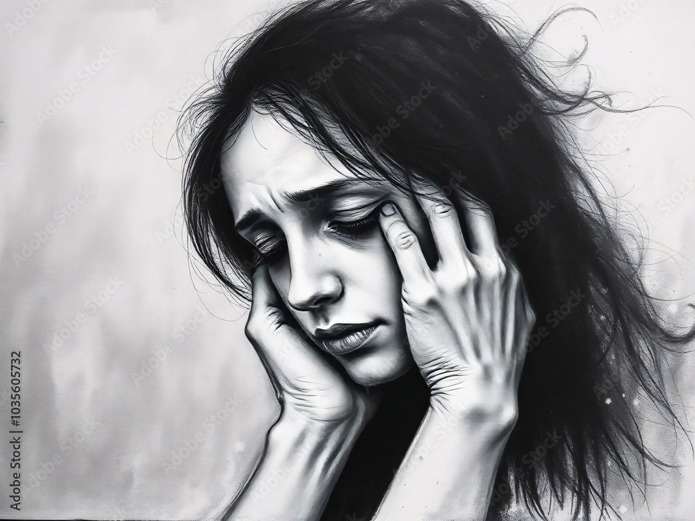 A heartbreaking charcoal drawing of a very sad girl expressing deep ...