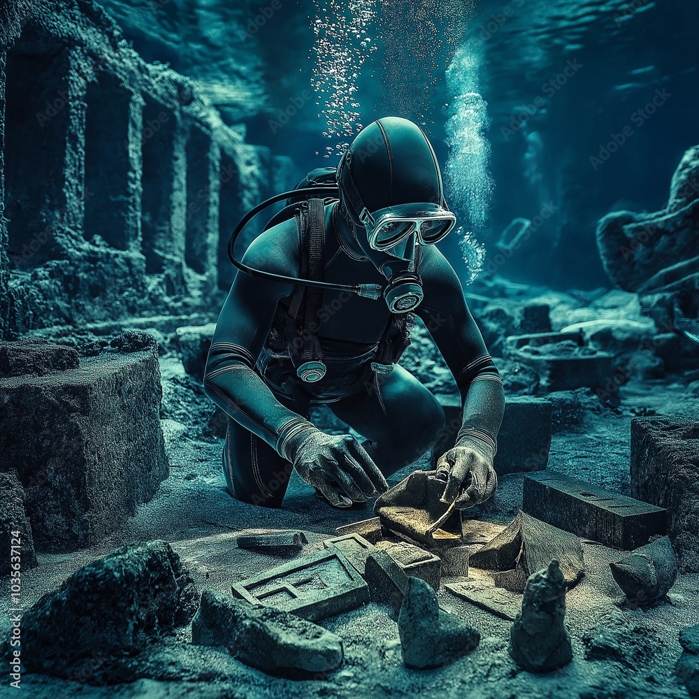 A marine archaeologist in diving gear meticulously examines ancient ...