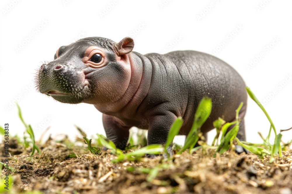 A baby pygmy hippo standing playfully on a patch of grass, its round ...
