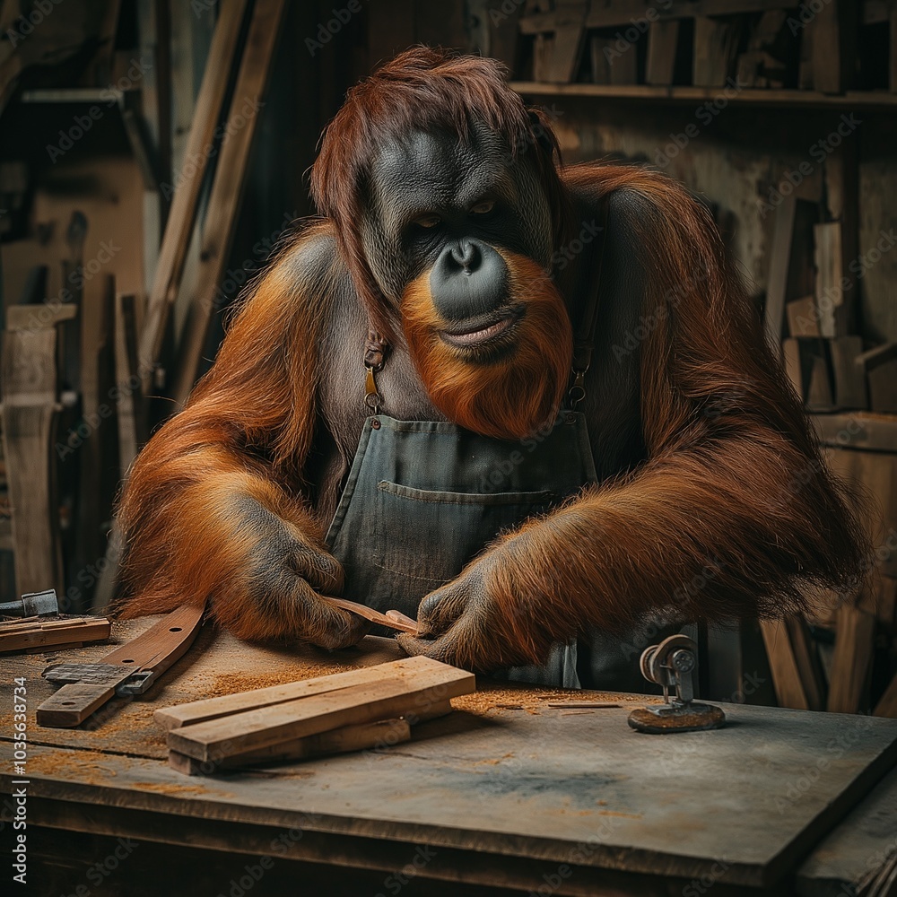 An orangutan is focused on crafting furniture, using tools and wood in ...