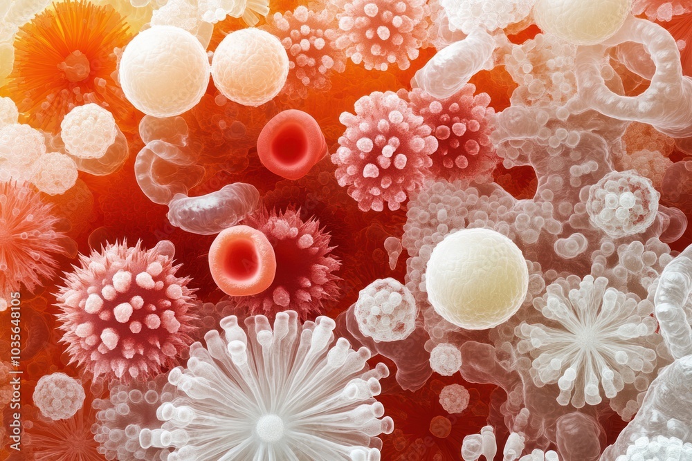 Detailed microscopic image featuring a cluster of various blood cells ...