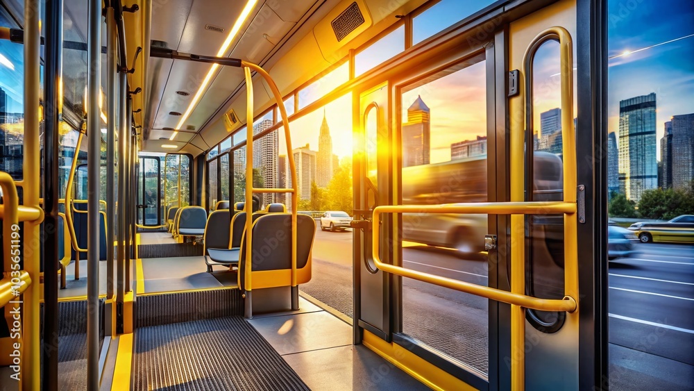 Candid View Inside Modern City Bus with Open Door and Yellow Grab ...