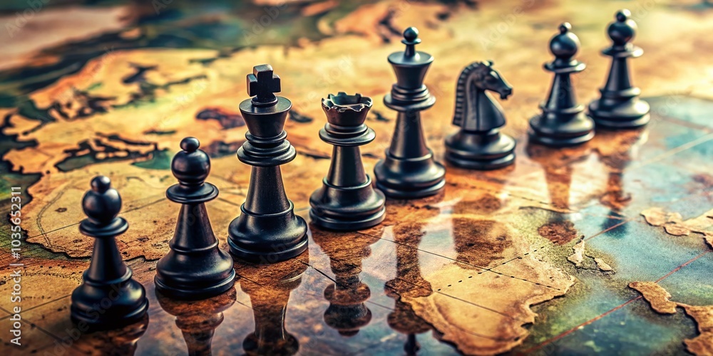 Vintage Minimalist Flat Lay of Black Chess Pieces on a Digital World ...