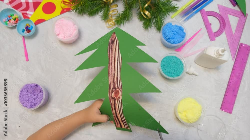 Child makes a greeting card Christmas paper and foam plasticine craft ...