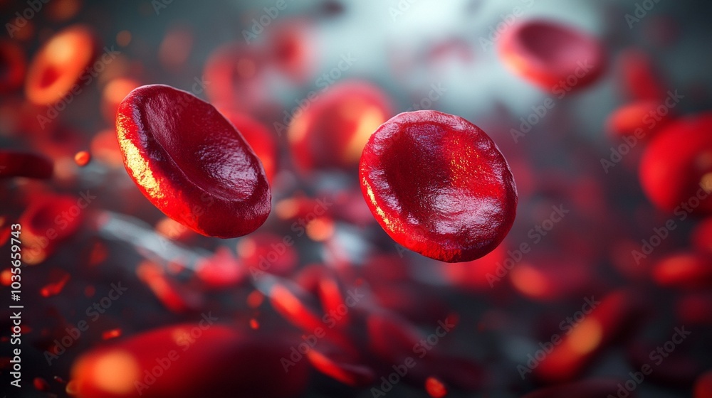 Microscopic view of vibrant red blood cells floating in plasma ...