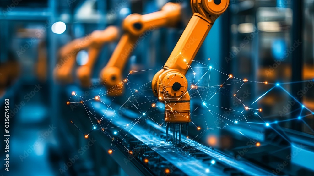 Industrial Robotic Arm Automation: Close-up of a Robotic Arm in a ...