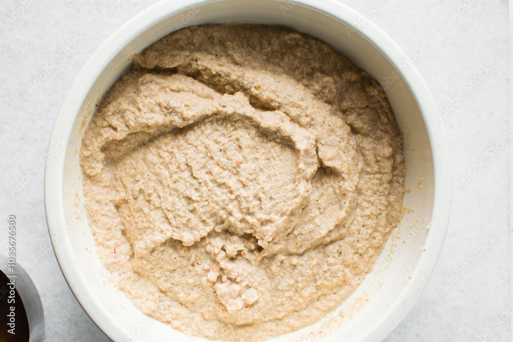 Overhead of moi moi mixture in a white ceramic bowl, top view of ...