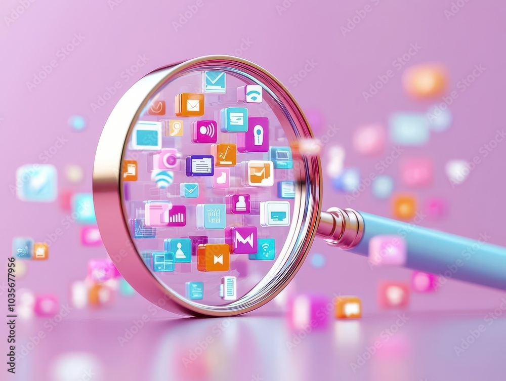 A 3D magnifying glass focusing on a cluster of floating icons ...