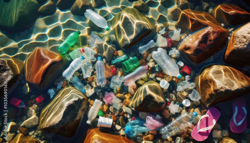Plastic Bottles, Containers, and a Slipper Floating Among Rocks in ...