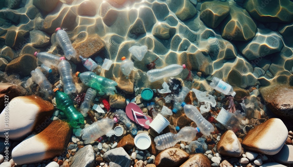 Plastic Bottles, Containers, and a Slipper Floating Among Rocks in ...
