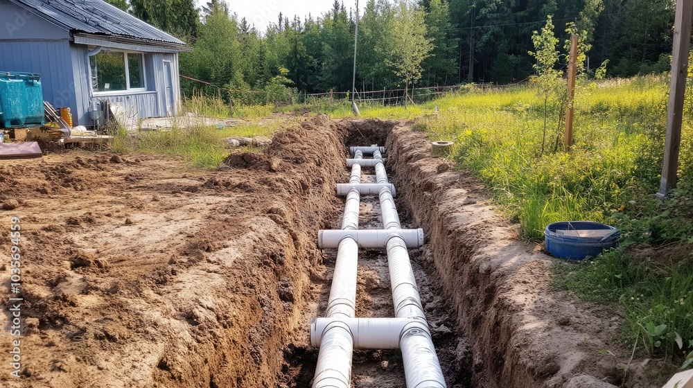 Plumbing installation in progress with PVC pipes arranged in a trench ...