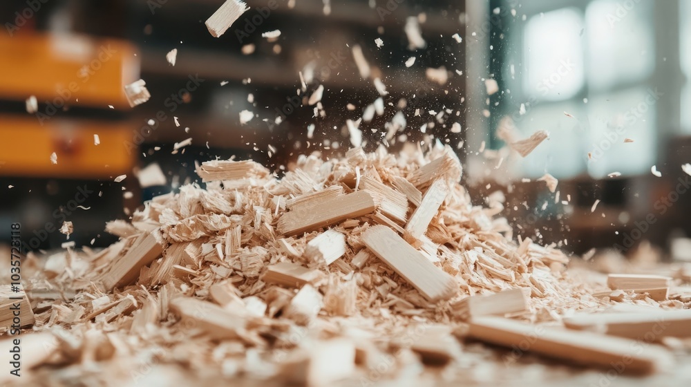 Dynamic capture of wood shavings flying in the air, set in a workshop ...