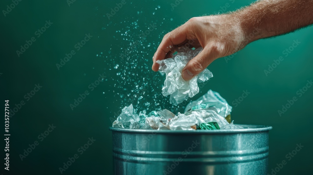 A hand tossing sparkling waste into a recycling bin, symbolizing ...