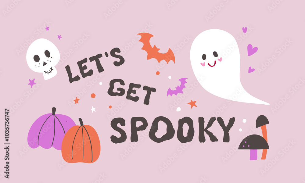 60s vintage girly poster. Glam Halloween lettering slogan of Let's get ...