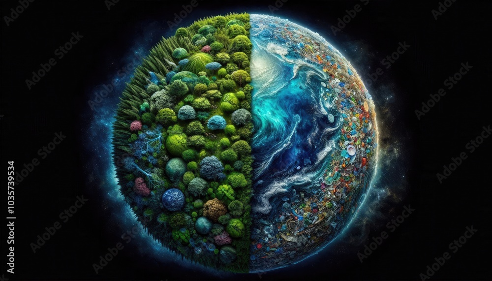 Planet Earth Divided: One Half Lush and Vibrant with Nature, the Other ...
