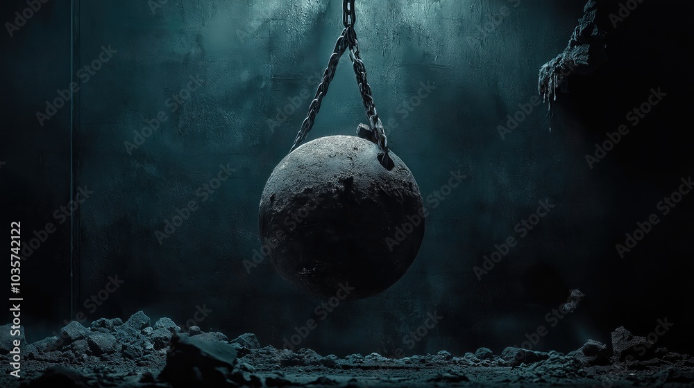 Demolition wrecking ball on a chain with debris, fragments on dark ...