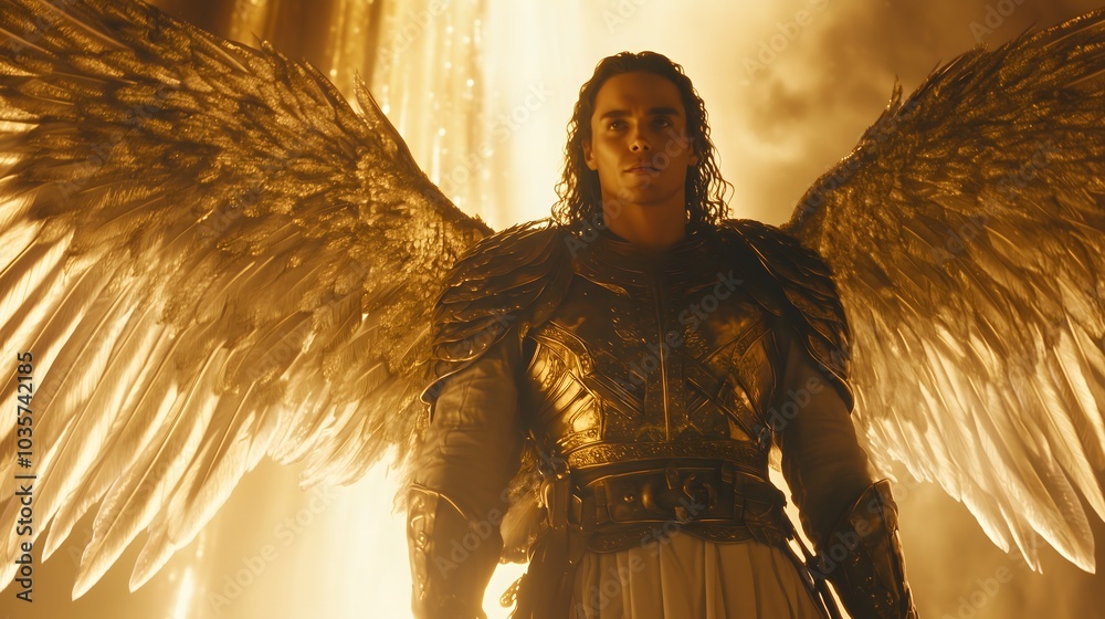 Majestic Guardian: Archangel Michael Stands Tall Clad in Shining Golden ...