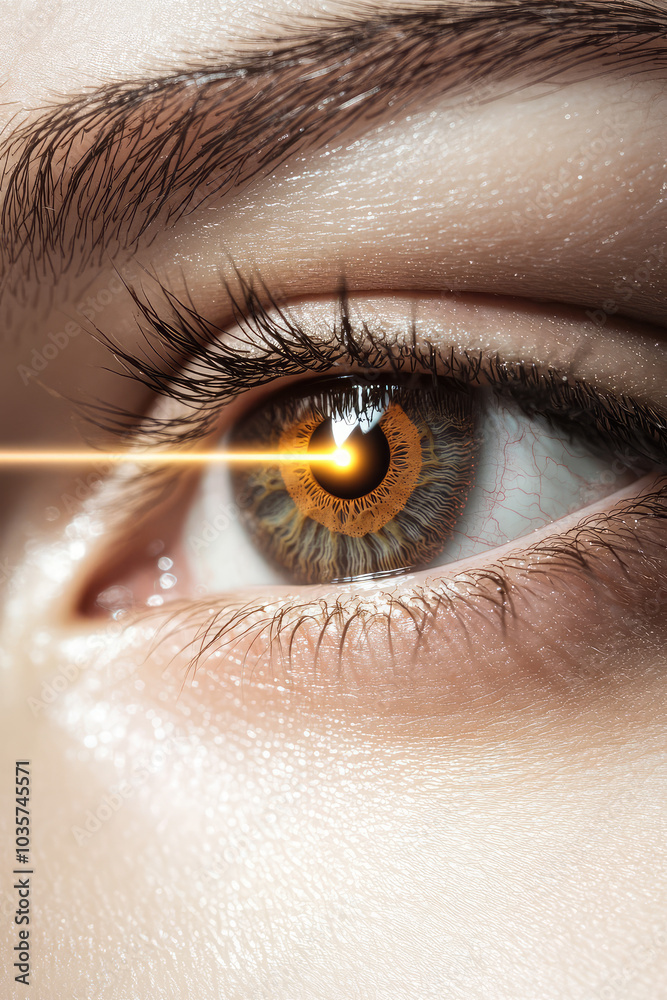 Human eye with a laser beam directed onto it, retinal authorization and ...